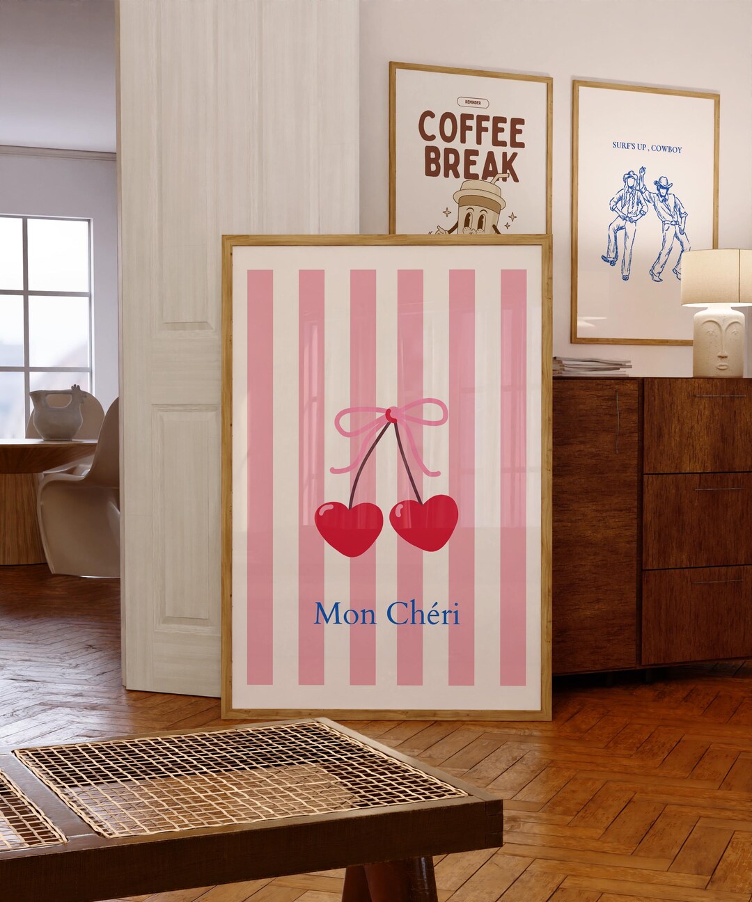 Mon Cheri Print, French Ma Cherie, Red and Pink Print, Cherry Food ...