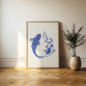 Blue Fish Wall Art , Koi Fish Print , Blue Fish Retro Print , Blue Fish ...