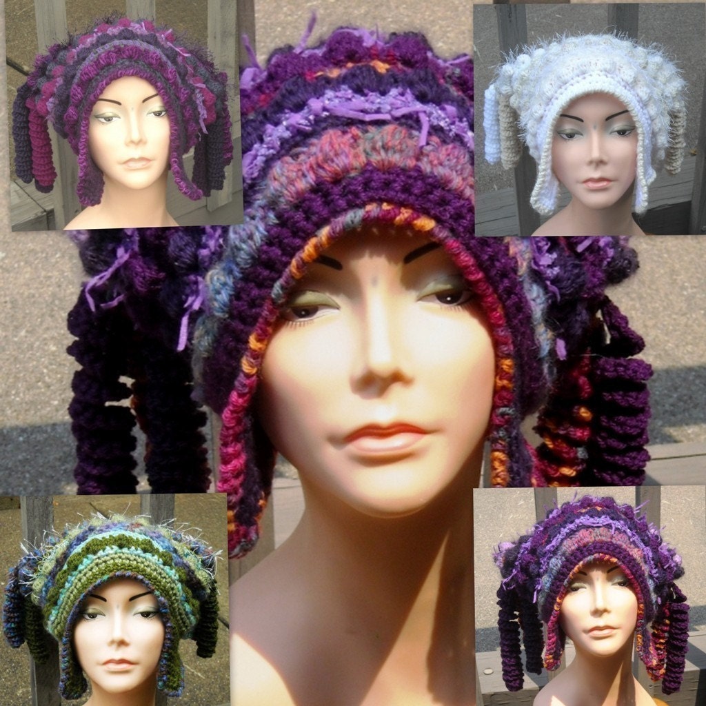 E Pattern Freeform Freestyle Crochet Hat With Corkscrews and Earflaps ...