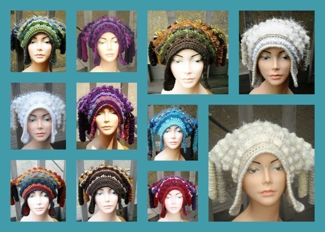 E Pattern Freeform Freestyle Crochet Hat With Corkscrews and Earflaps ...