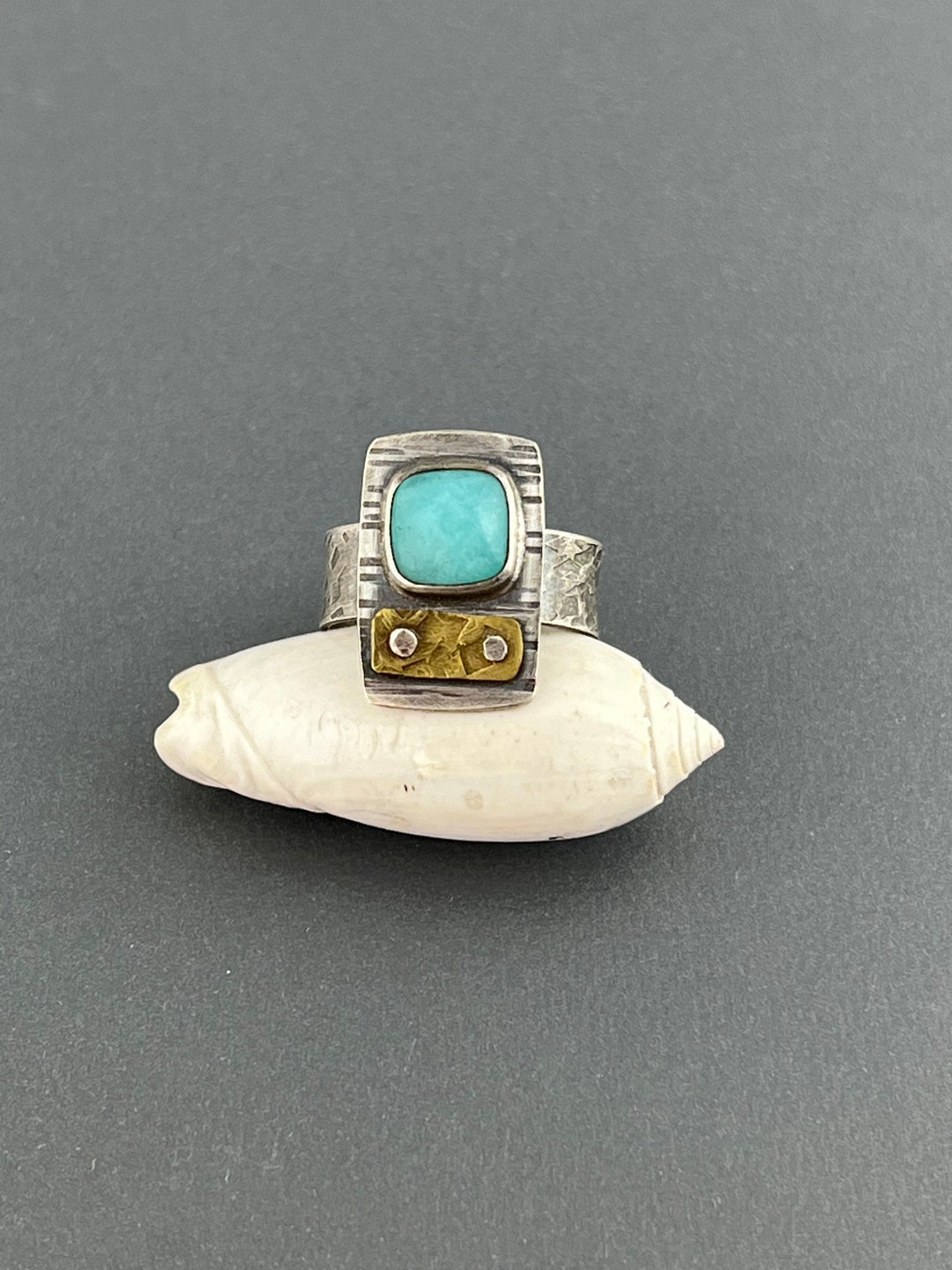 Teal Amazonite Ring, Sterling Silver Band, Brass, Mixed Metal, Riveted ...