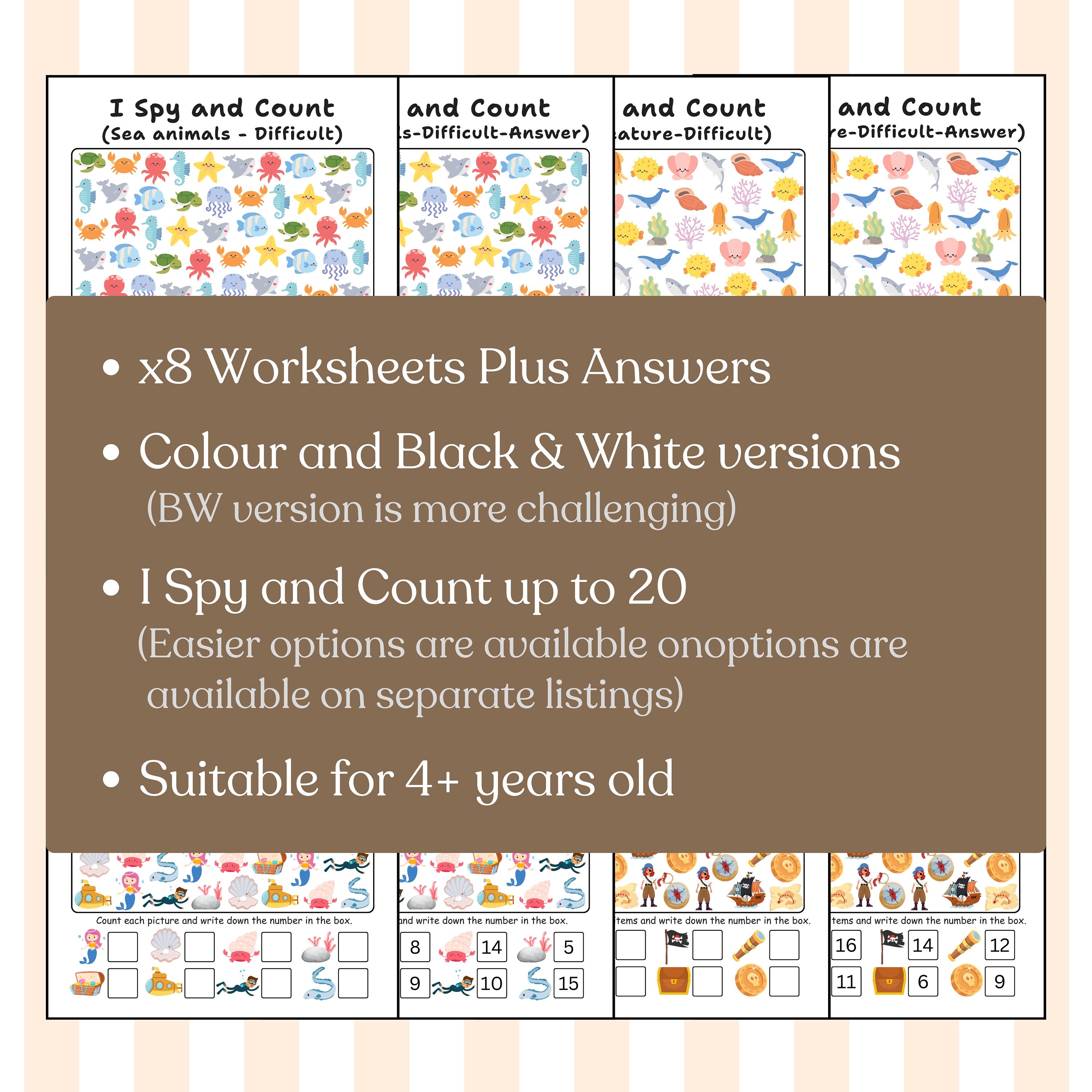 Ocean I Spy and Count Worksheets for Kids Count to 20 Attention ...