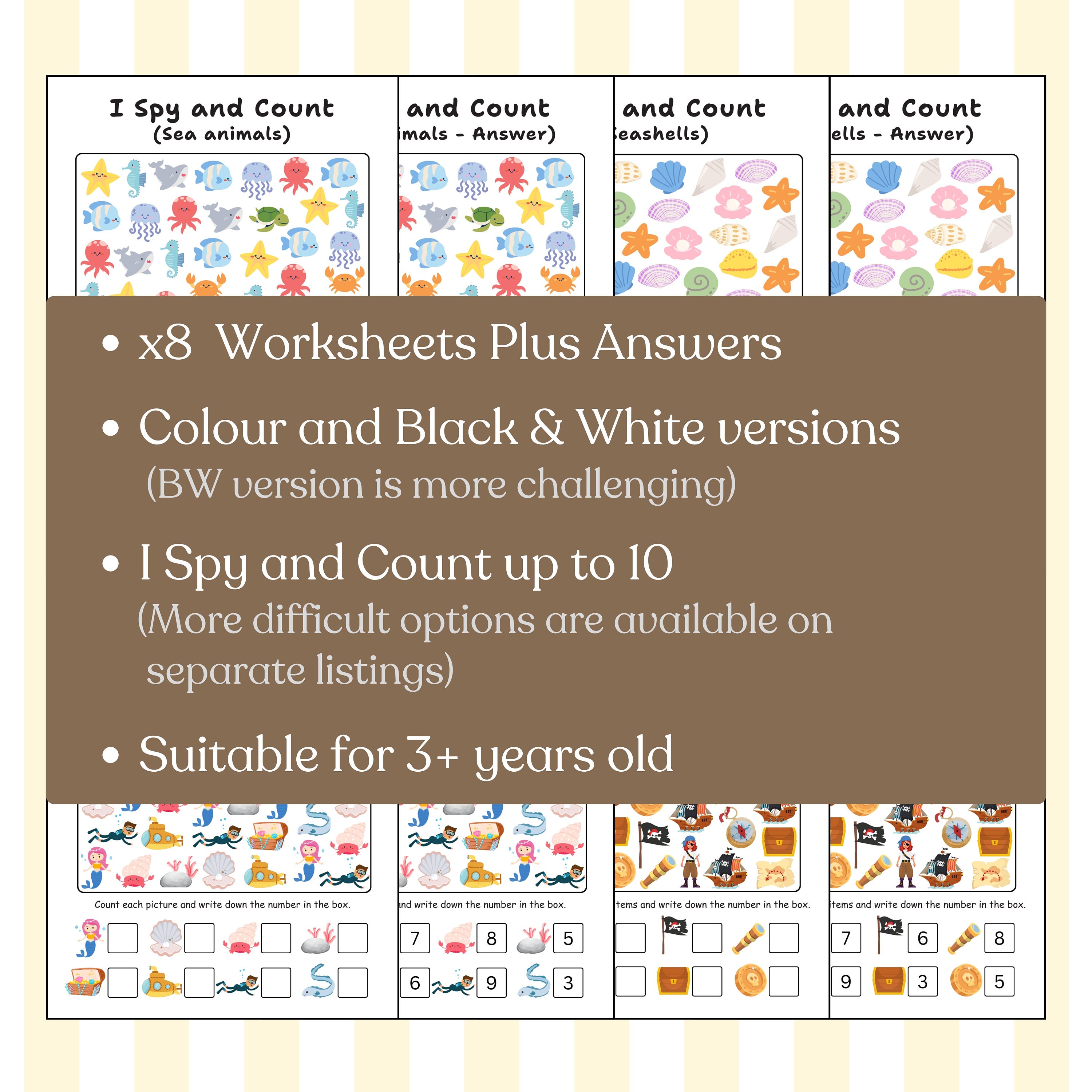 Ocean I Spy and Count Worksheets for Kids Count to 10 Attention ...