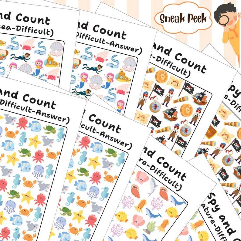Ocean I Spy and Count Worksheets for Kids Count to 20 Attention ...