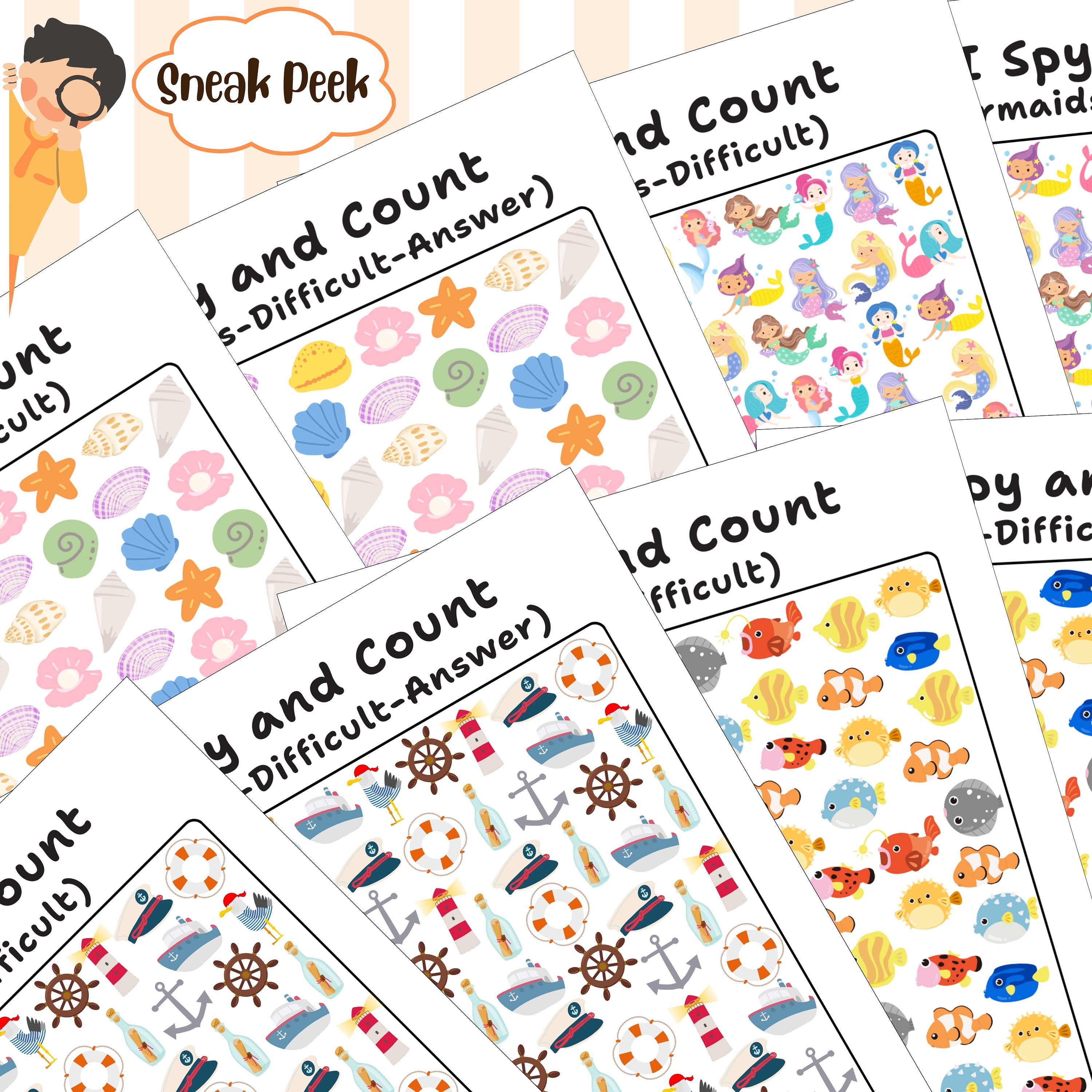 Ocean I Spy and Count Worksheets for Kids Count to 20 Attention ...