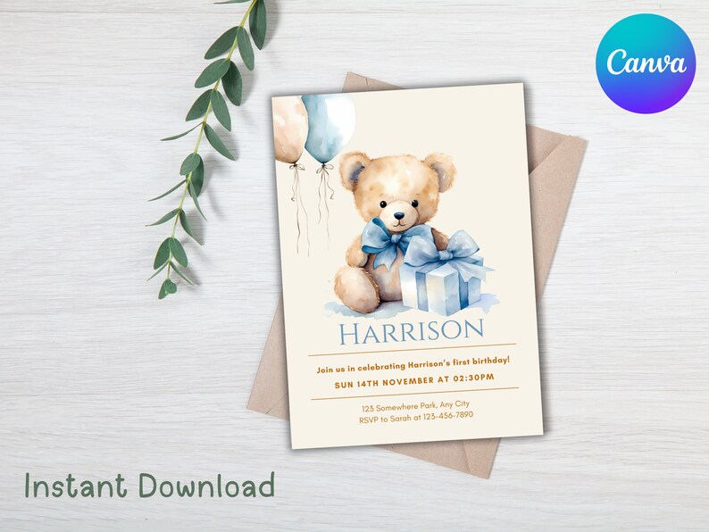 Bear Invitation, Birthday Party, Baby Shower, Digital Download, E ...