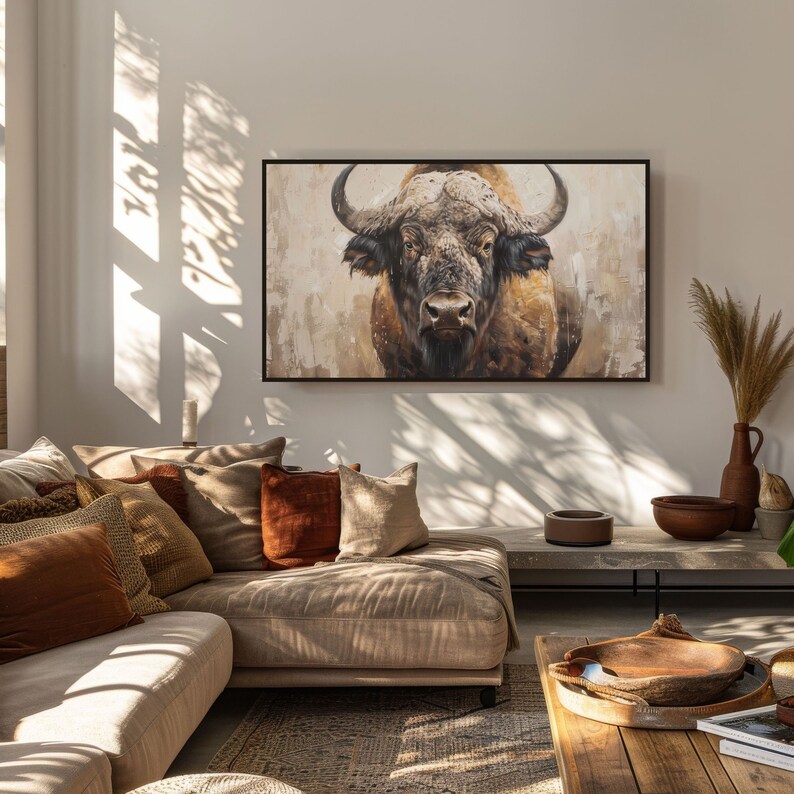 Samsung Frame Tv Art Buffalo, Vintage Buffalo Oil Painting, Tv Art for ...