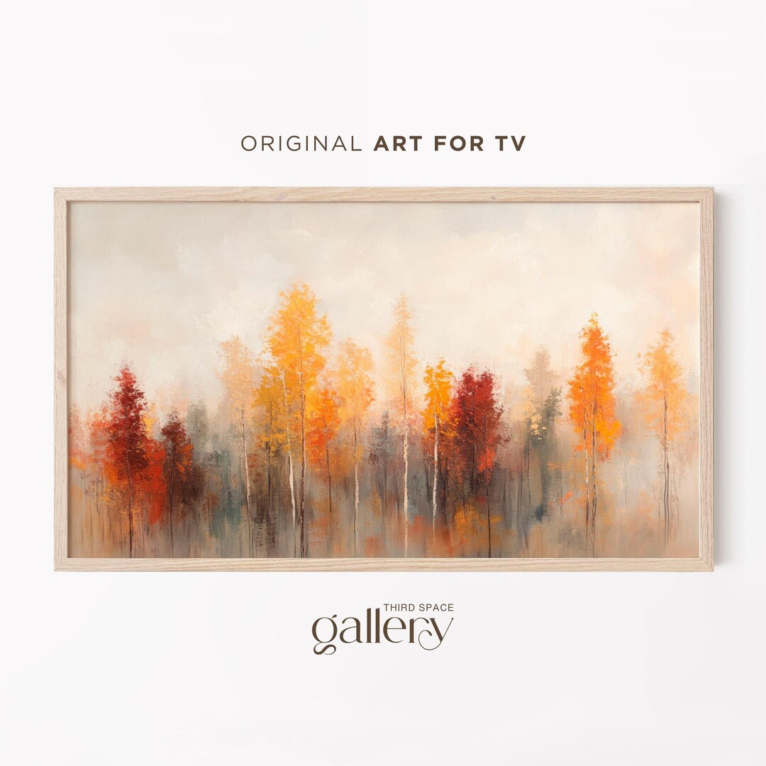 Fall Trees Frame TV Art, Autumn Landscape Painting, Thanksgiving Decor ...