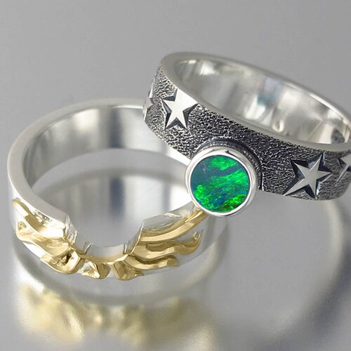 SOLAR ECLIPSE Sun and Moon Engagement Ring Set With Blue Green | Etsy