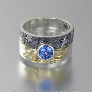 SOLAR ECLIPSE Sun and Moon Engagement Set With Lab Blue Sapphire in ...