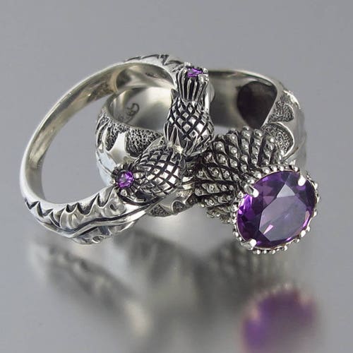 BLOOMING THISTLE Silver Ring and Band With Amethyst Wedding | Etsy