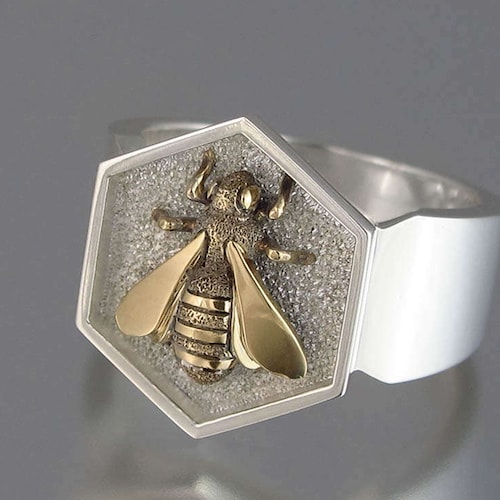 HONEY BEE Mens Sterling Silver and 14k Yellow Gold Unisex Ring | Etsy