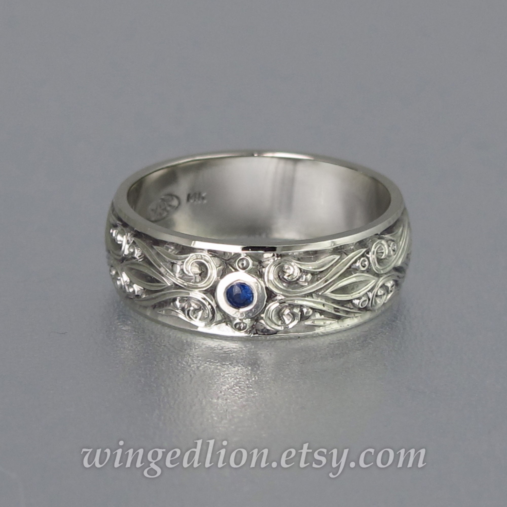 The PRINCE CHARMING 14k white gold mens wedding band with blue | Etsy