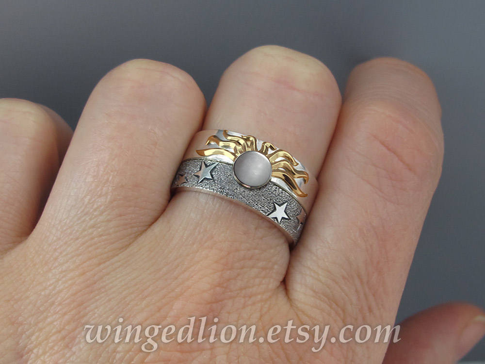 Sun and Moon Ring Set, Sterling Silver and 14k Gold, Celestial Wedding ...