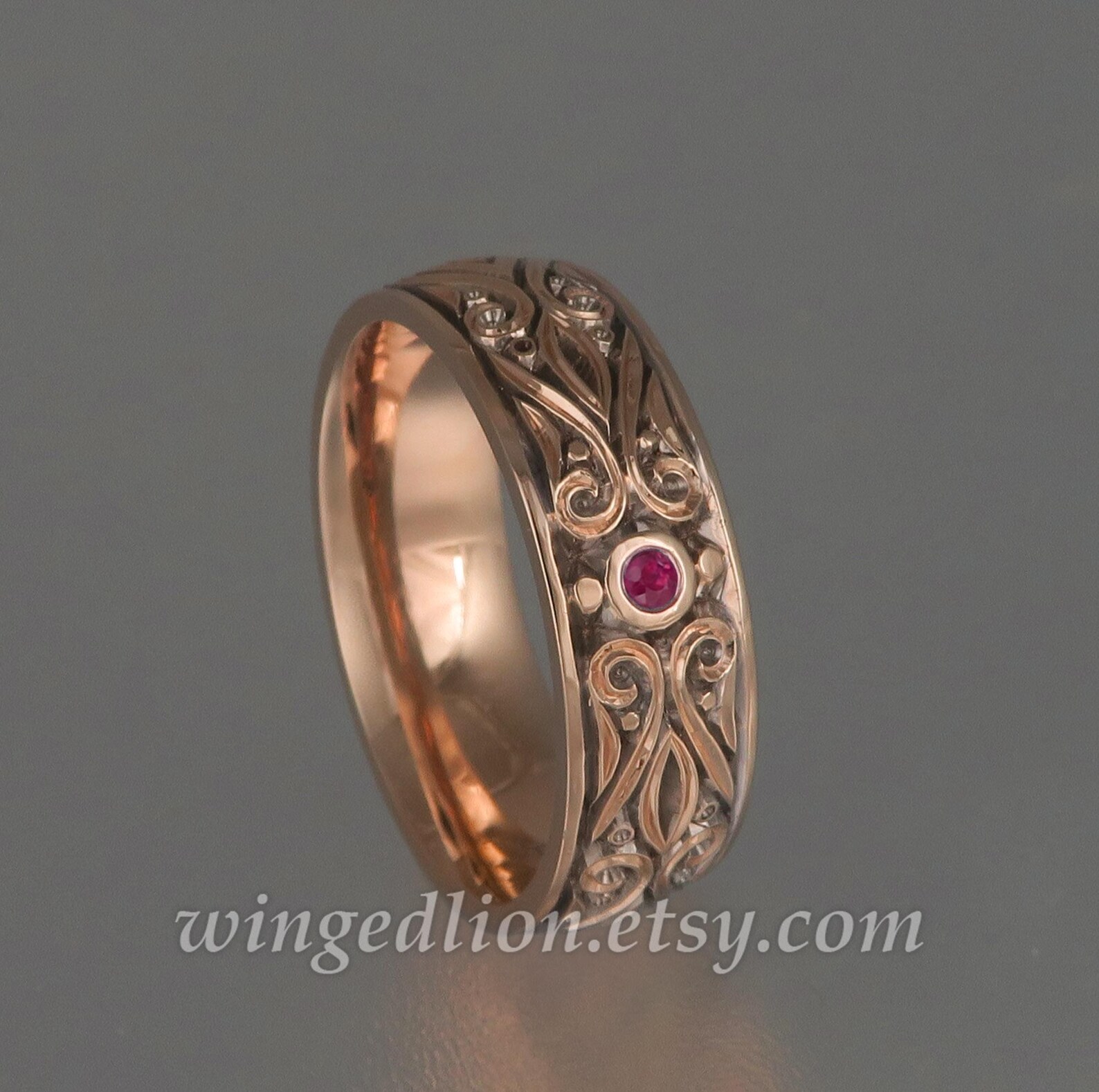 The PRINCE CHARMING 14k Rose Gold Mens Wedding Band With Ruby, Ruby ...