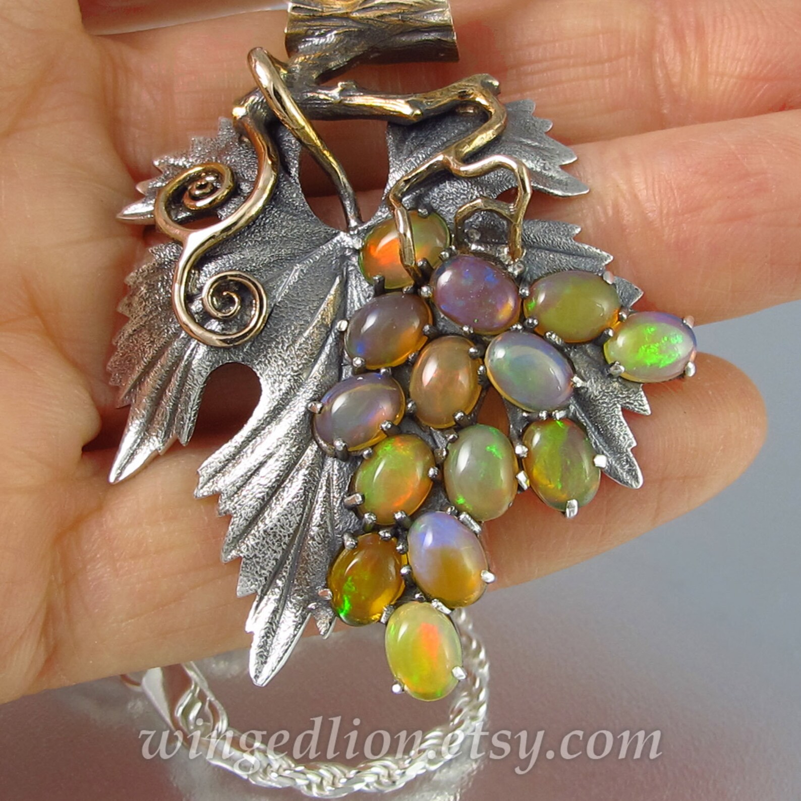 The GRAPES Silver and Bronze Pendant With Opals | Etsy