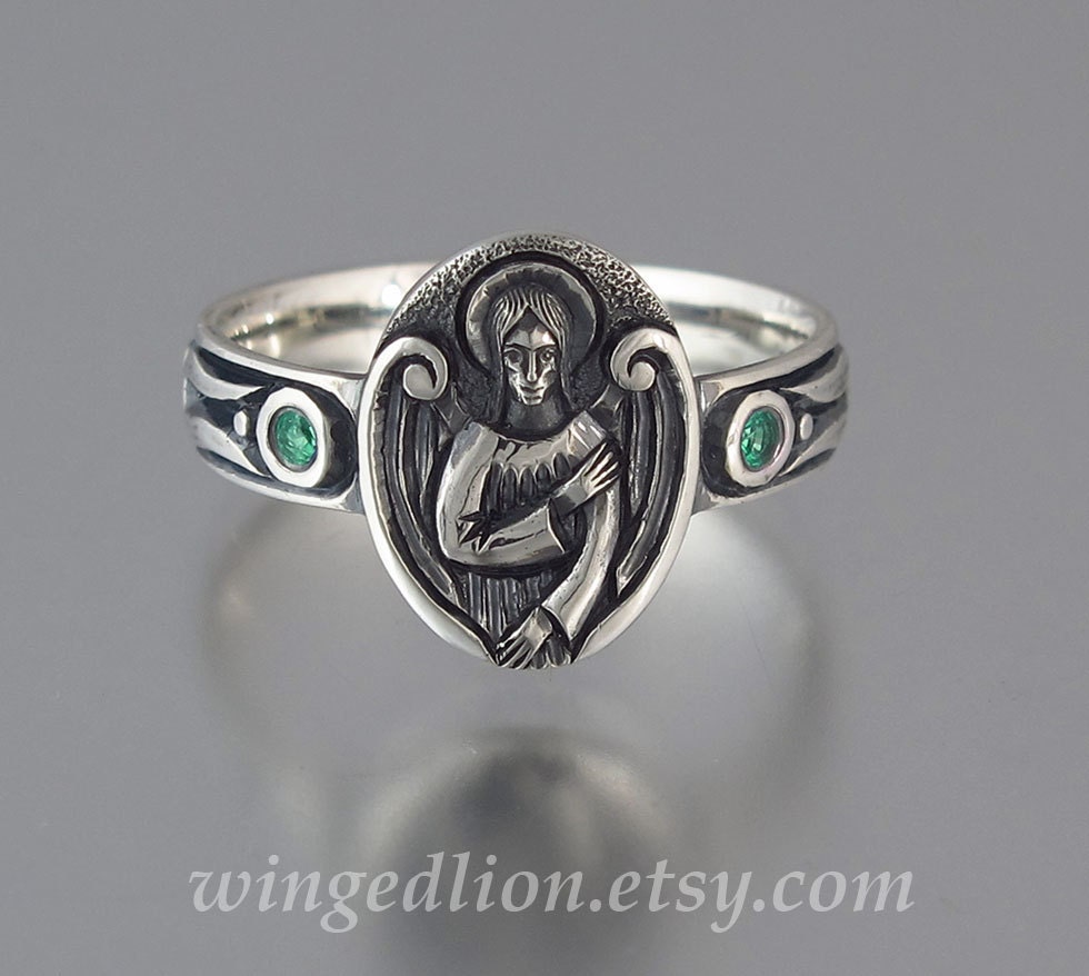 ANGEL'S SEAL Silver Signet Ring With Emerald Accents - Etsy