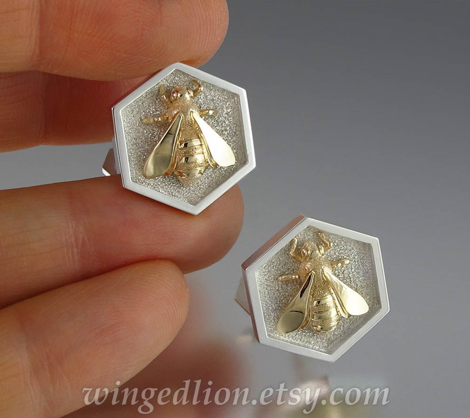 HONEY BEE Cufflinks Sterling Silver and 14k Yellow Gold | Etsy