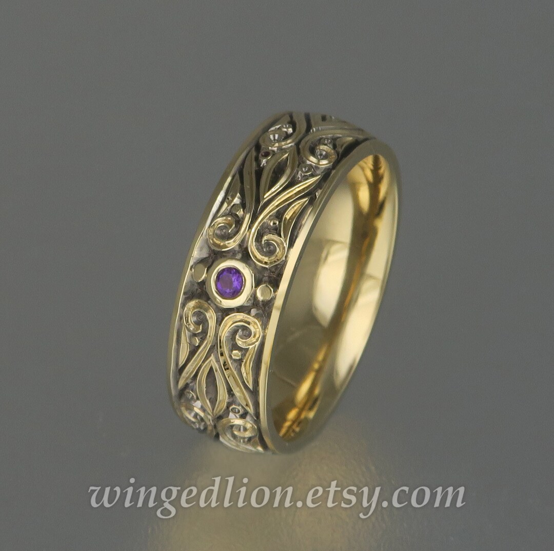 The PRINCE CHARMING 14k Gold Mens Wedding Band With Amethyst - Etsy