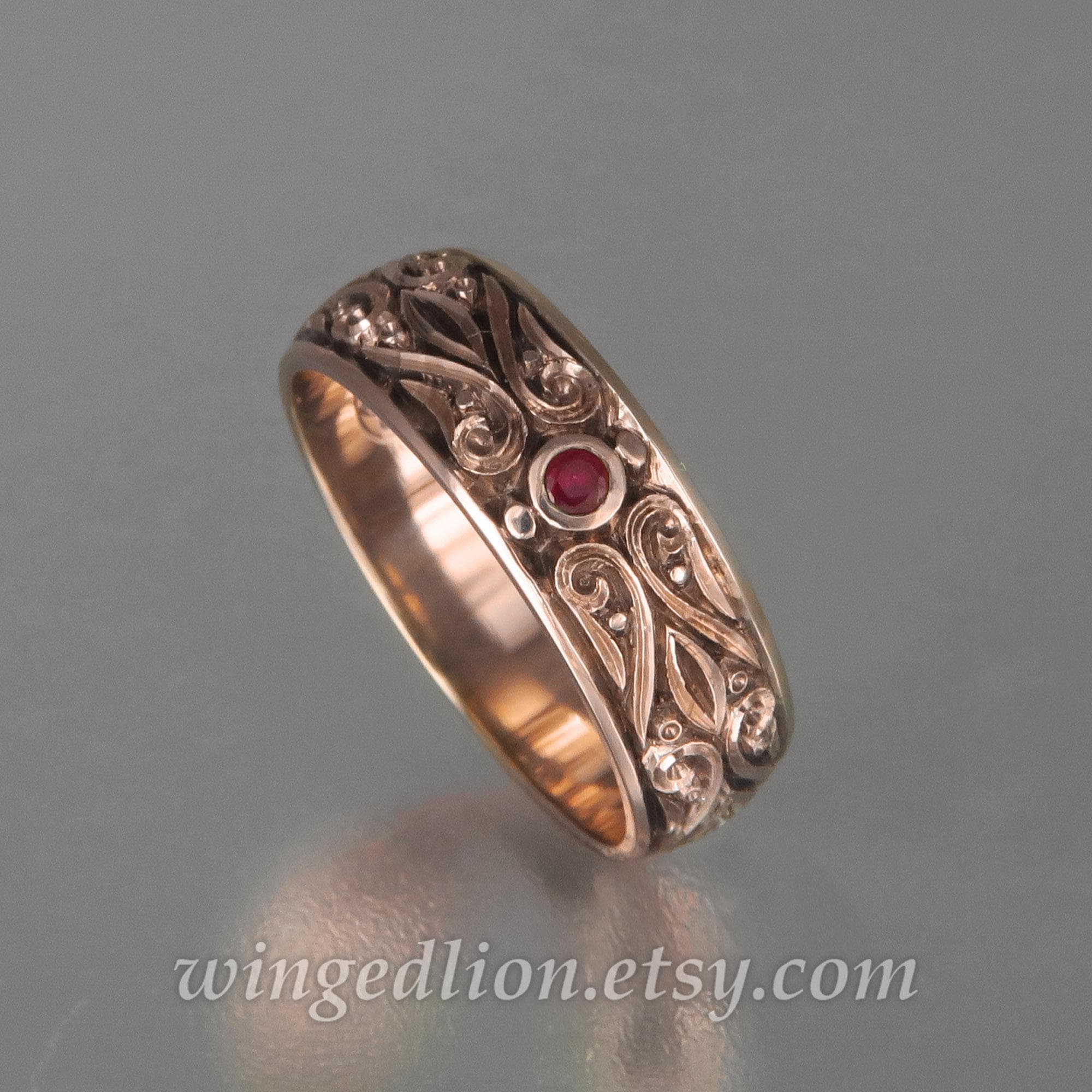 The PRINCE CHARMING 14k Rose Gold Mens Wedding Band With Ruby, Ruby ...
