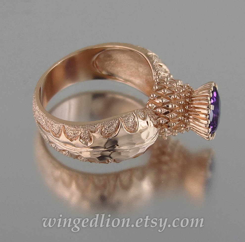 BLOOMING THISTLE 14k Gold Ring With Amethyst, Scottish Thistle Ring ...