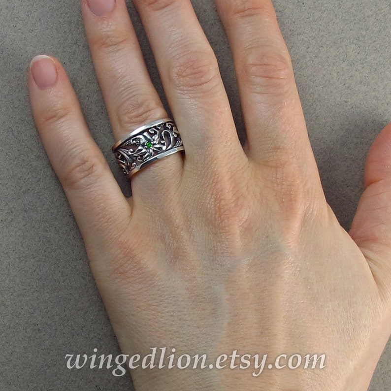 FLORAL Art Nouveau inspired silver ring with chrome diopside | Etsy