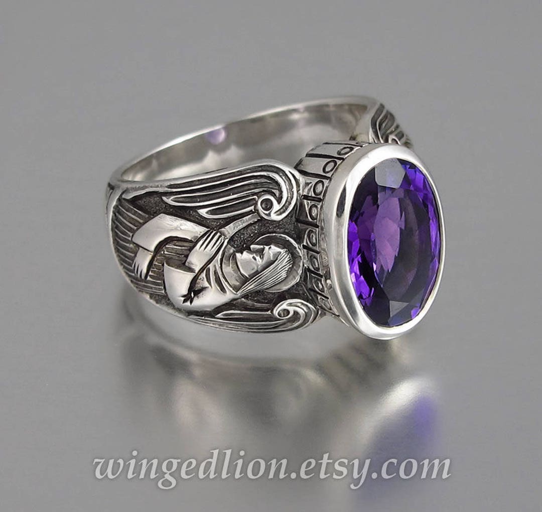 GUARDIAN ANGELS Mens Silver Ring With Amethyst (sizes 8 to 14) Unisex ...
