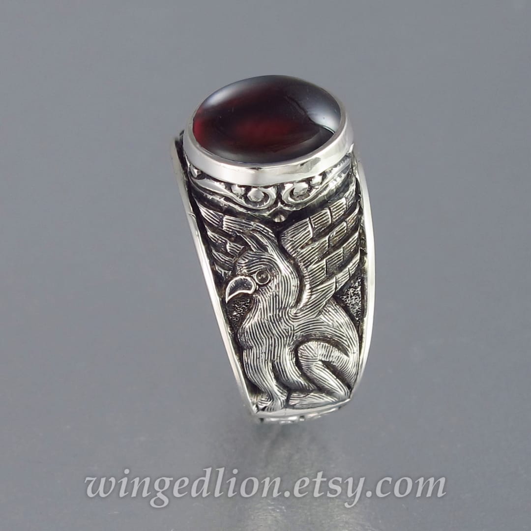 GRIFFIN Silver Ring With Garnet Gothic Medieval Unisex Gryffon Ring - Etsy