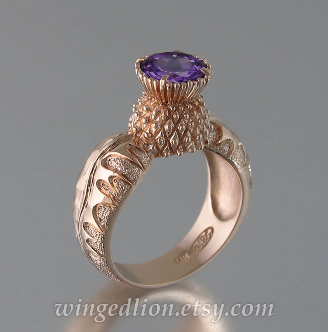 BLOOMING THISTLE 14k Gold Ring With Amethyst, Scottish Thistle Ring ...