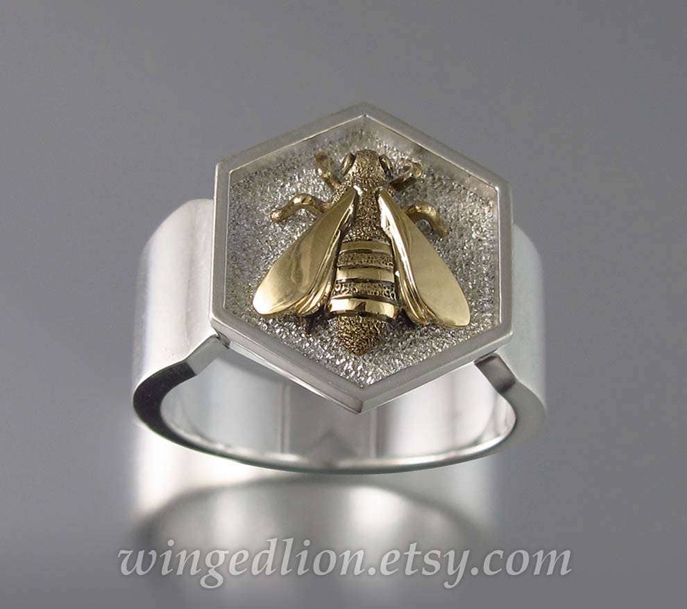 HONEY BEE Mens Sterling Silver and 14k Yellow Gold Unisex Ring | Etsy