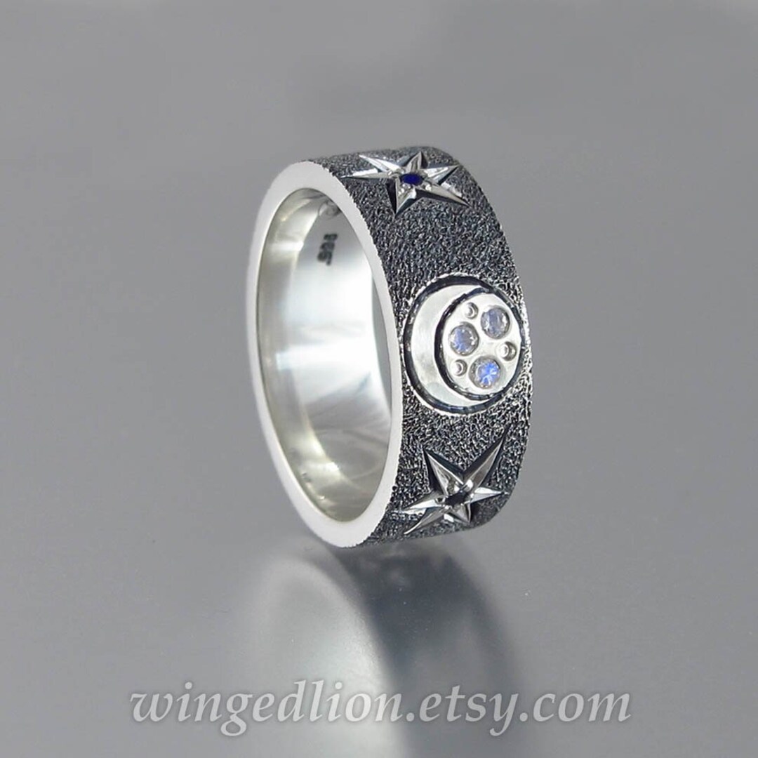 MOONSTRUCK Silver Band With Moonstones and Blue Sapphires - Etsy