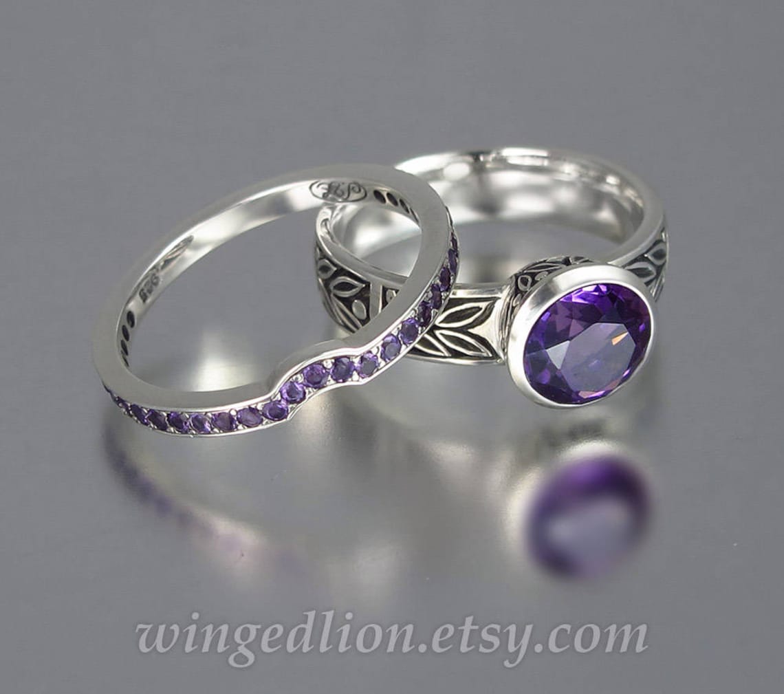 LAUREL CROWN Silver Engagement Set Ring and Wedding Band With Amethyst ...