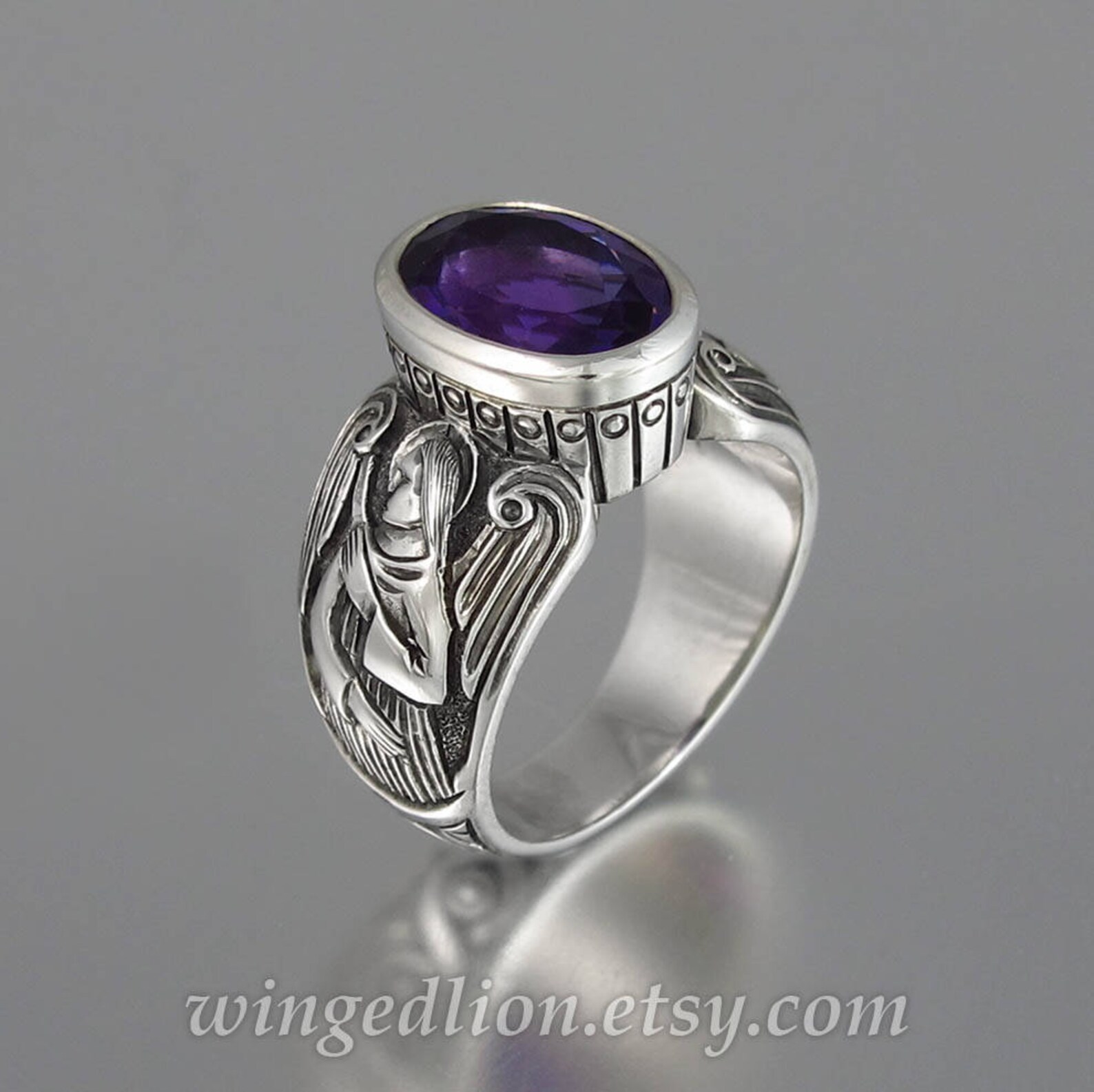 GUARDIAN ANGELS Mens Silver Ring With Amethyst sizes 8 to 14 | Etsy