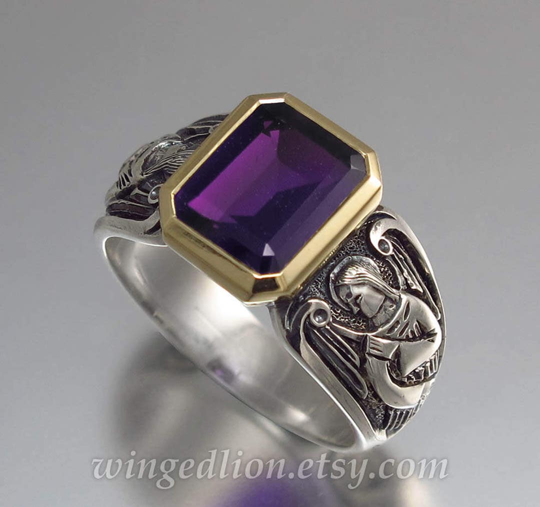 GUARDIAN ANGELS Silver and 14K Gold Ring With Emerald Cut Amethyst - Etsy