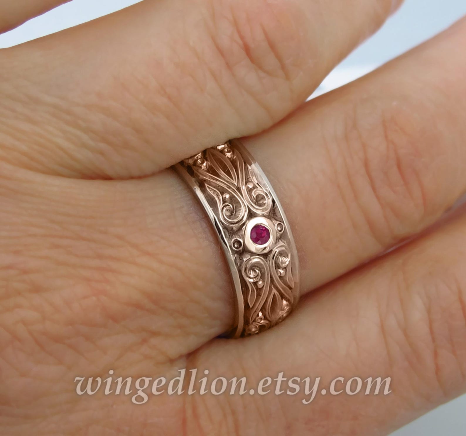 The PRINCE CHARMING 14k Rose Gold Mens Wedding Band With Ruby, Ruby ...