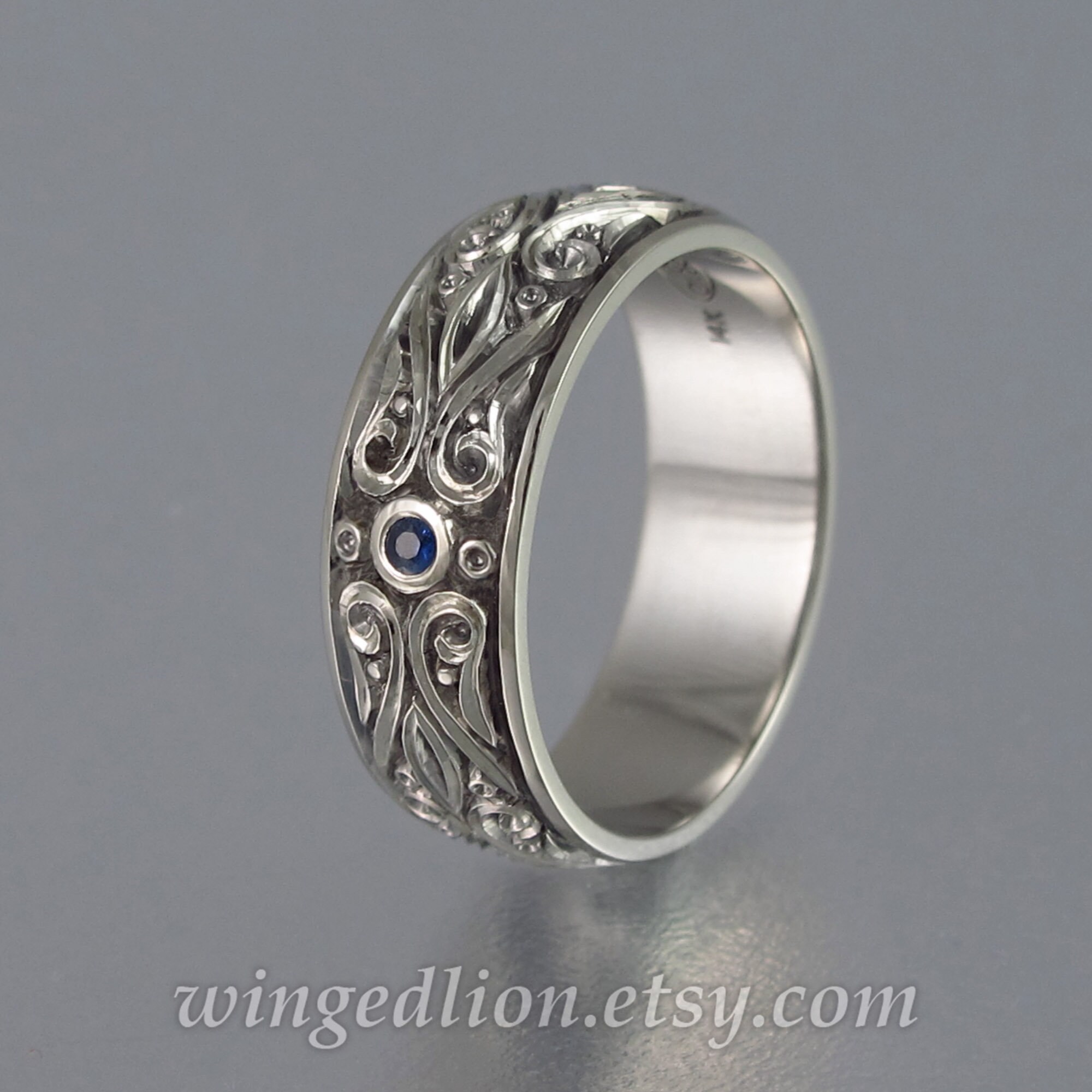 The PRINCE CHARMING 14k white gold mens wedding band with blue | Etsy