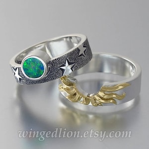 SOLAR ECLIPSE Sun and Moon Engagement Ring Set With Blue Green Opal in ...