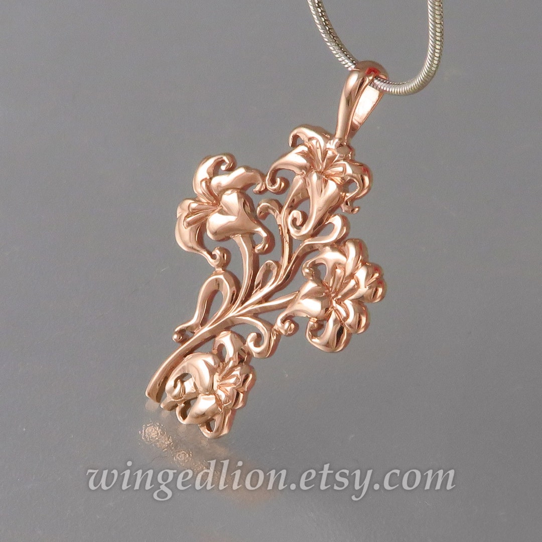 Floral Cross, Art Nouveau Style in 14K Rose Gold Cross, Cross Pendant ...