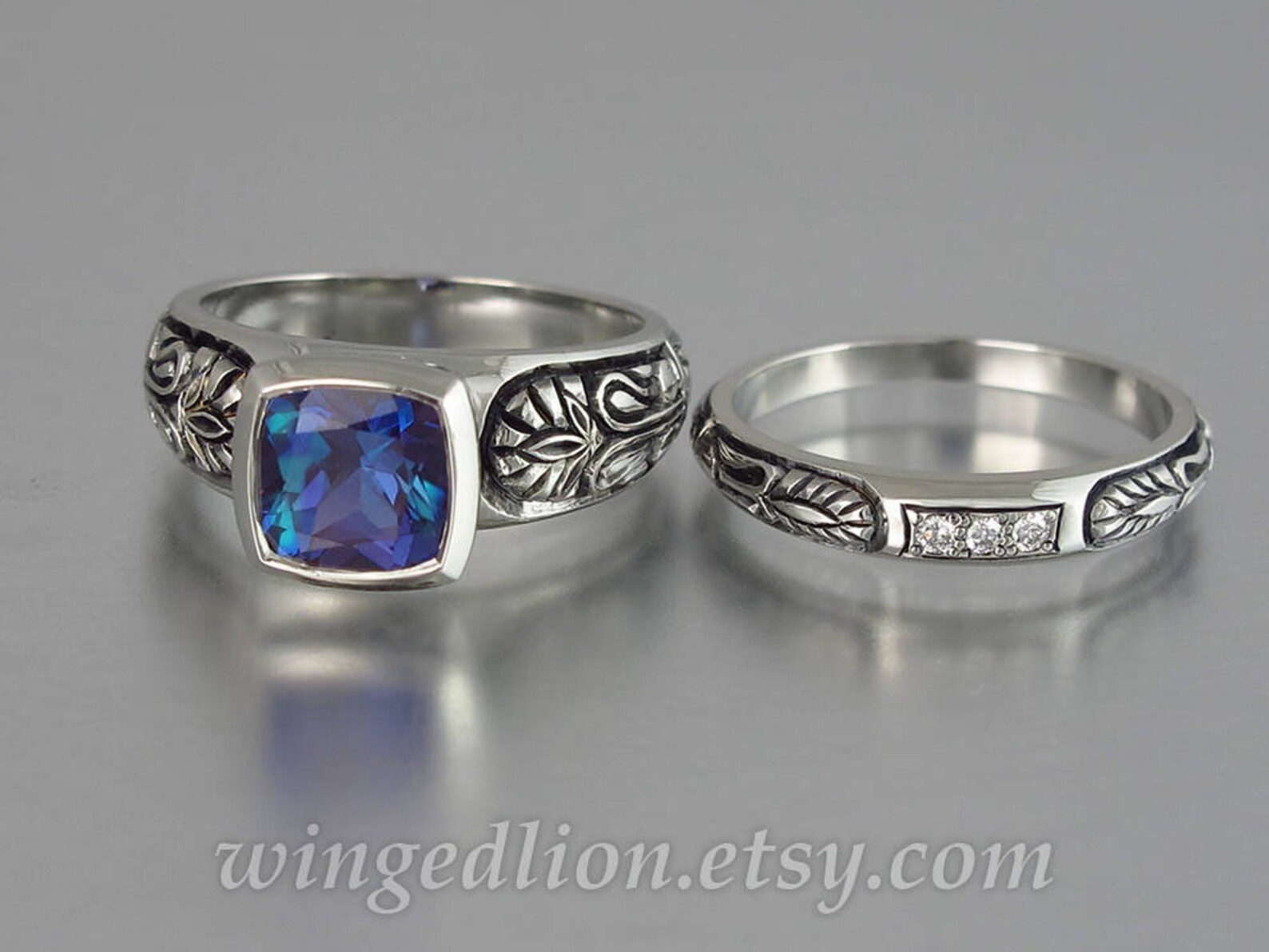 Engagement Ring Set ALEXANDRA 14K White Gold Alexandrite Ring | Etsy