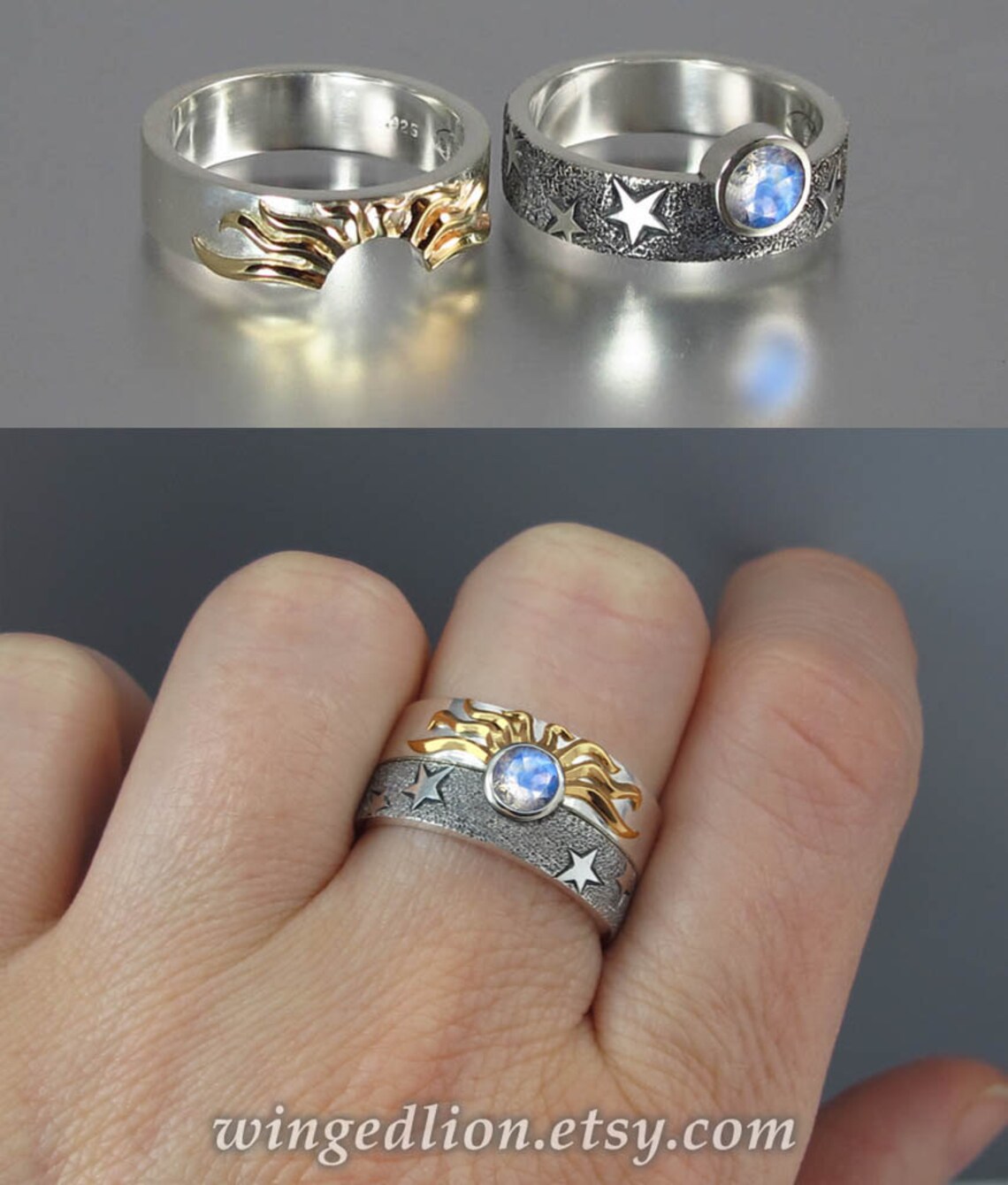 SOLAR ECLIPSE Sun and Moon Engagement rings with Moonstone in | Etsy