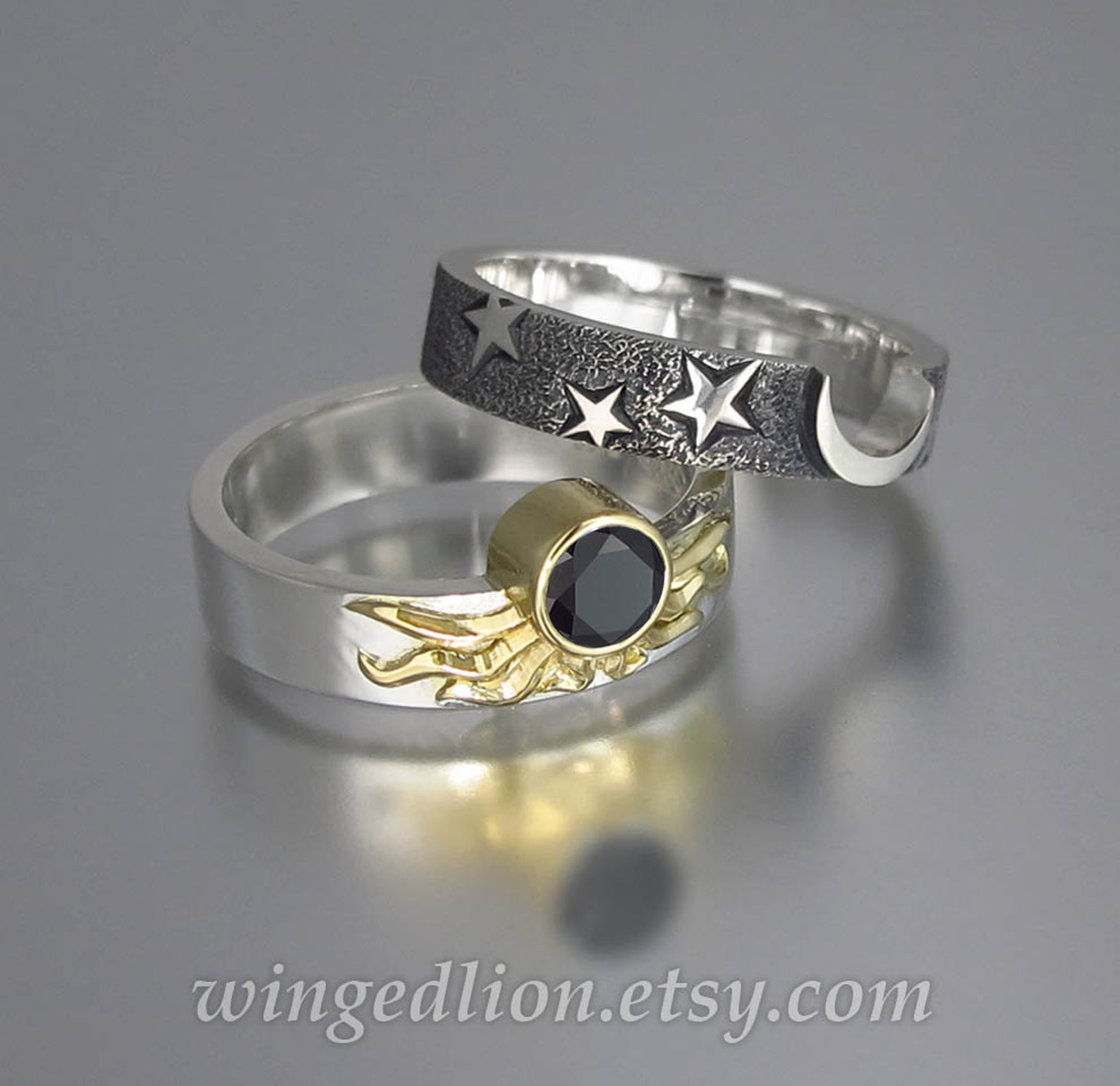 Sun and Moon ECLIPSE Engagement Ring and Wedding Band Set in 18K & 14K ...