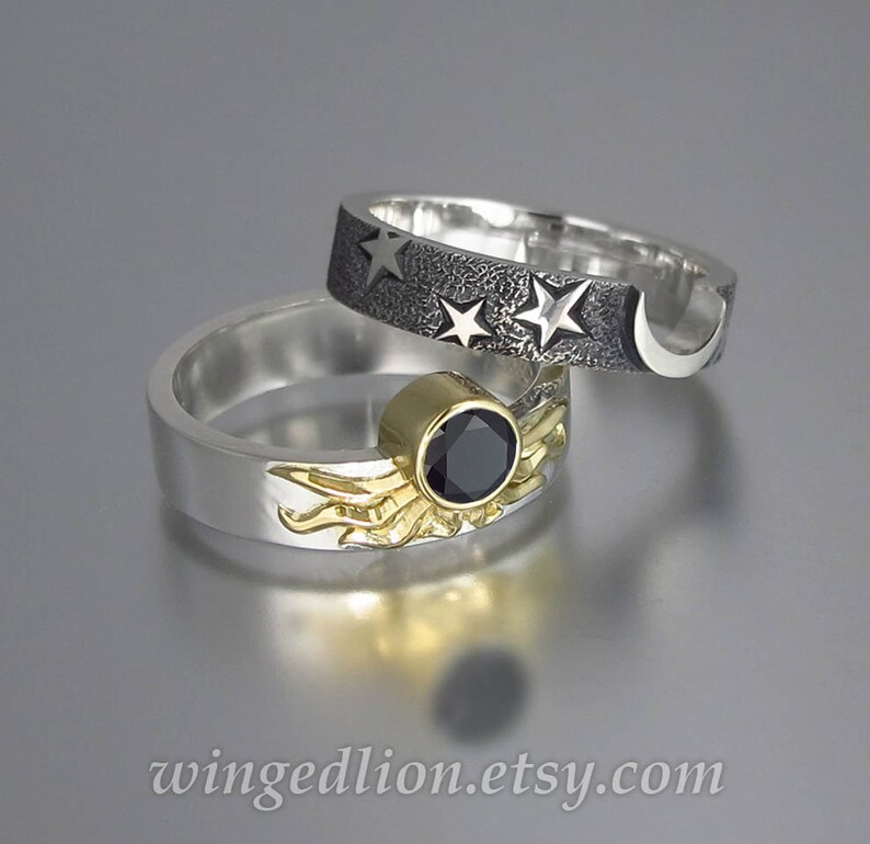 Sun and Moon ECLIPSE Engagement Ring and Wedding Band Set in 18K & 14K ...