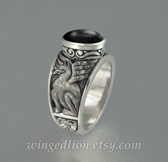GRIFFIN Silver Ring With Black Onyx Gothic Medieval Unisex | Etsy
