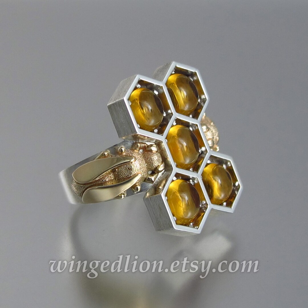HONEY BEES Silver and 14k Gold Ring, Citrine Cluster Ring - Etsy