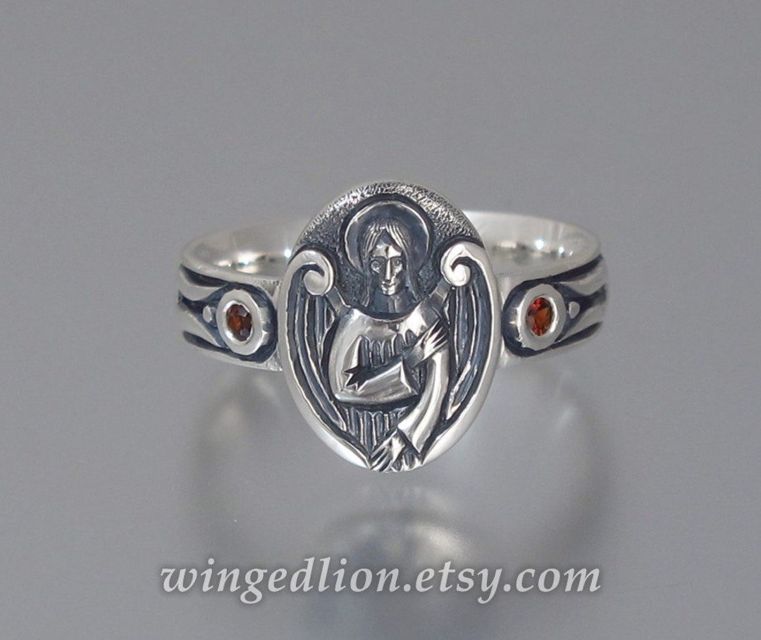 ANGEL'S SEAL Silver Signet Ring With Garnet Accents - Etsy