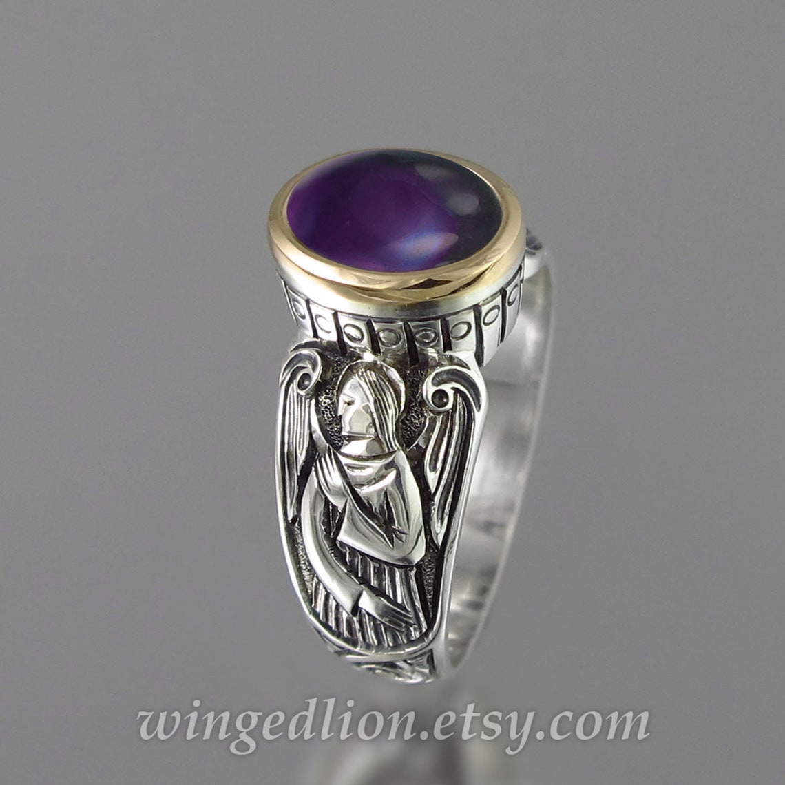 GUARDIAN ANGELS Silver 14K Ring With Amethyst Cabochon (sizes 5 to 8.5 ...