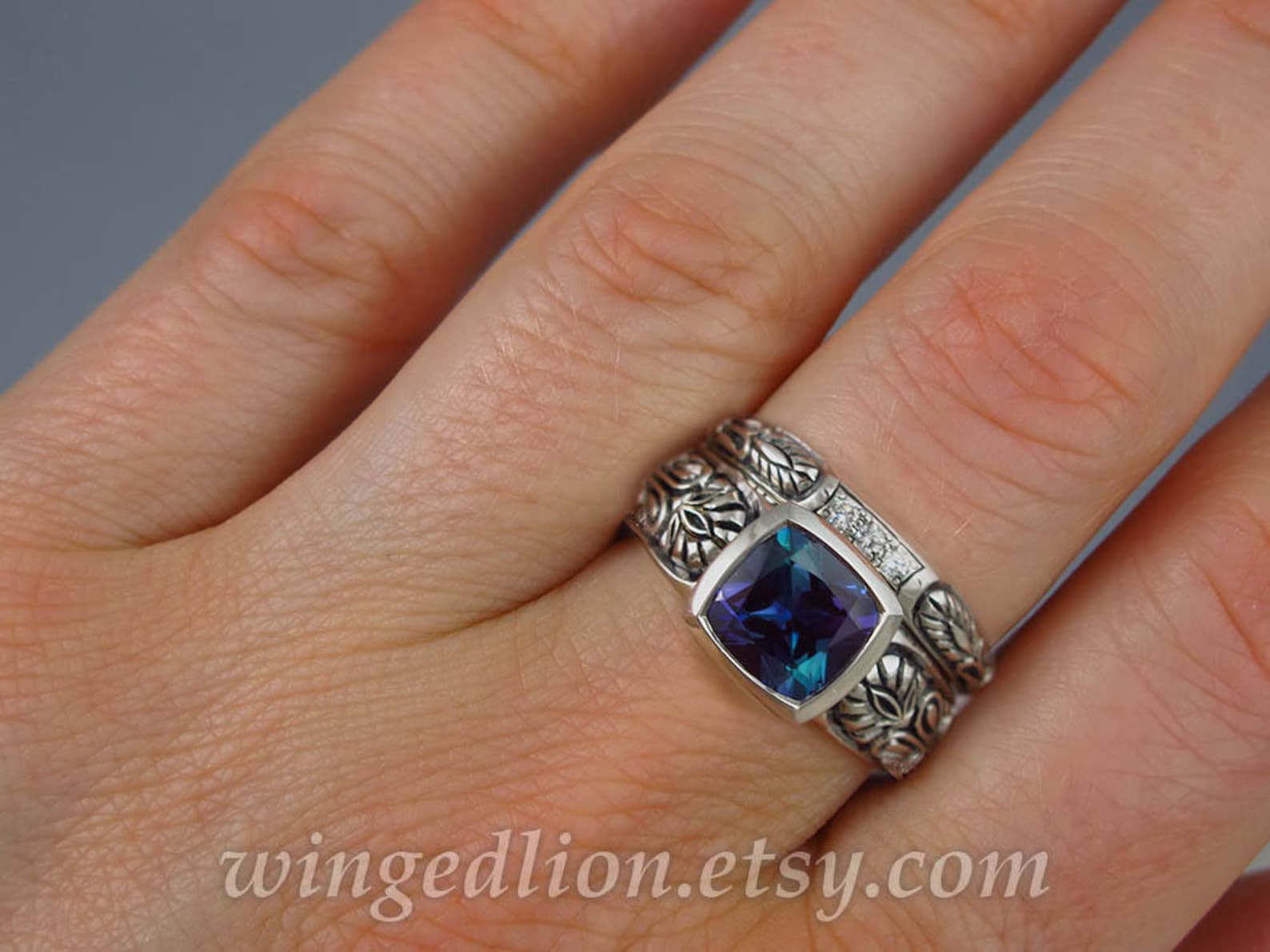 Engagement Ring Set ALEXANDRA 14K White Gold Alexandrite Ring - Etsy