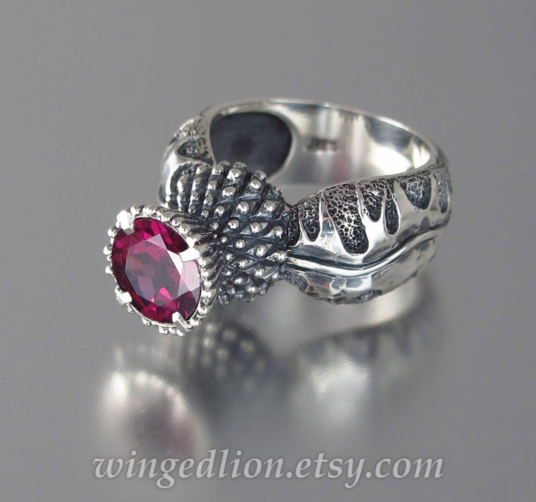 BLOOMING THISTLE Ring With Rhodolite Garnet, Scottish Thistle Ring ...
