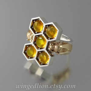 HONEY BEES Silver and 14k Gold Cocktail Ring, Amber Cluster Ring - Etsy