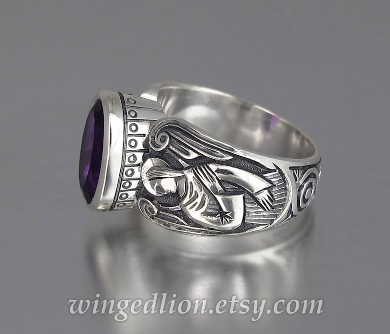 GUARDIAN ANGELS Mens Silver Ring With Amethyst sizes 8 to 14 | Etsy